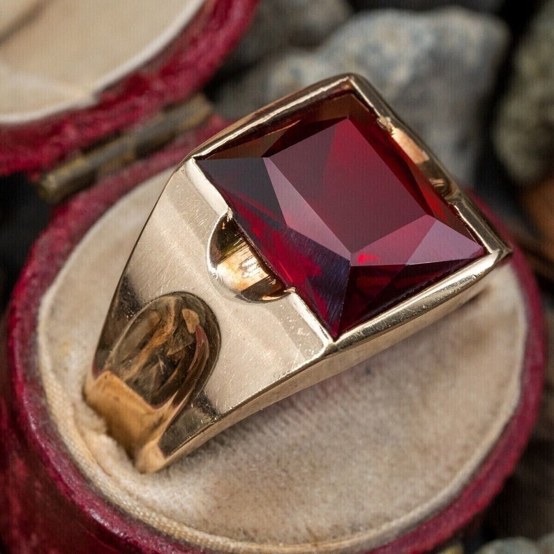 3ct Emerald Cut Red Ruby Men's Wedding Ring 14K Yellow Gold Plated ...