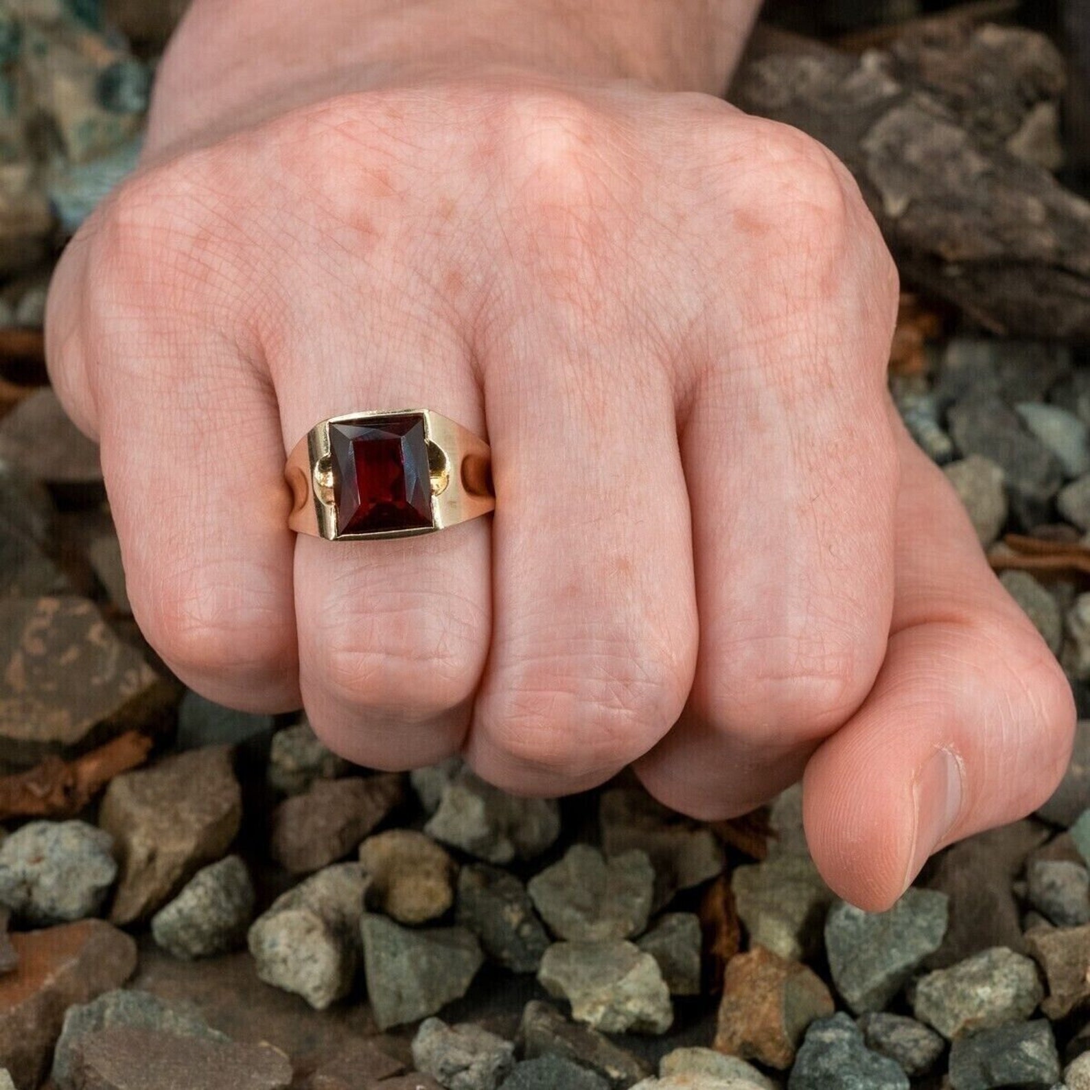 3ct Emerald Cut Red Ruby Men's Wedding Ring 14K Yellow Gold Plated ...