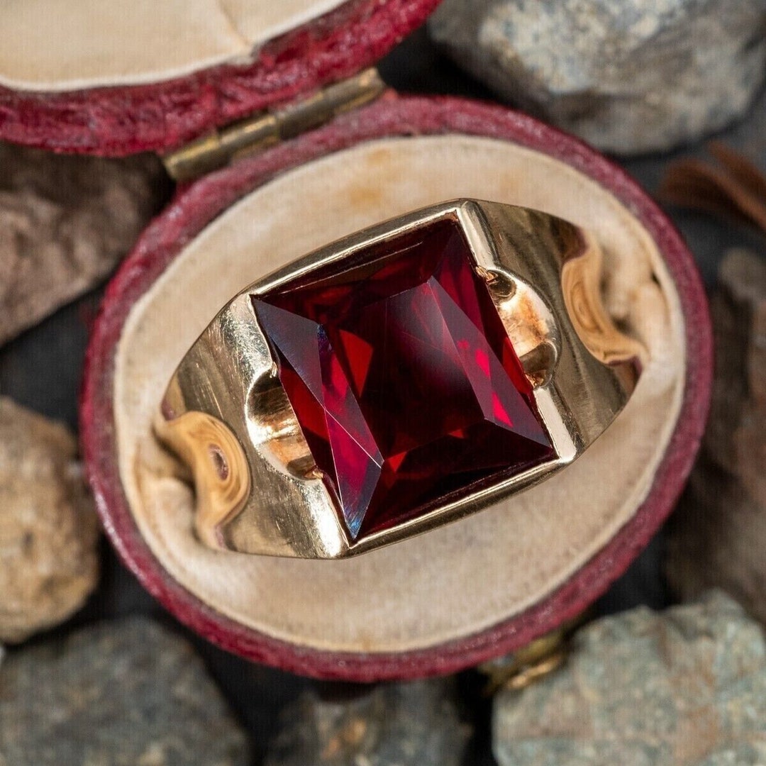 3ct Emerald Cut Red Ruby Men's Wedding Ring 14K Yellow Gold Plated ...