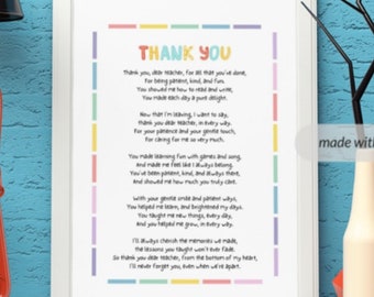 Printable Thank You Teacher Gift - End of Term Gift - Teacher Poem ...