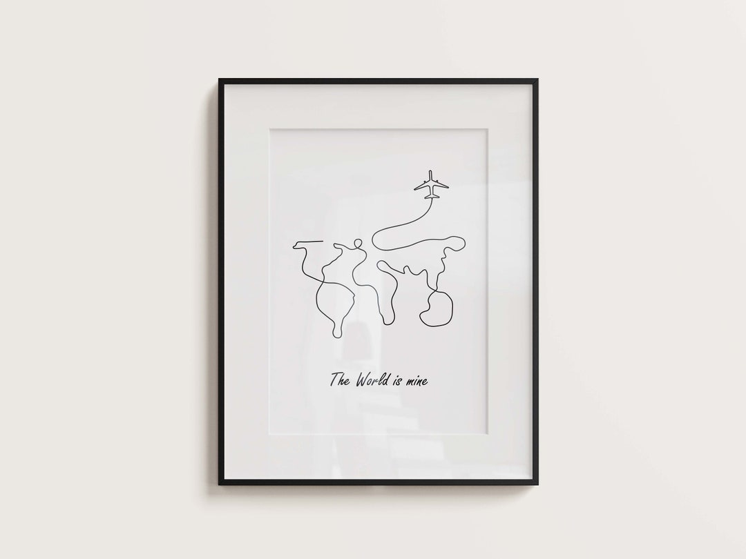 Minimalist World Map Aviation Art Print, Airplane Line Art (digital ...