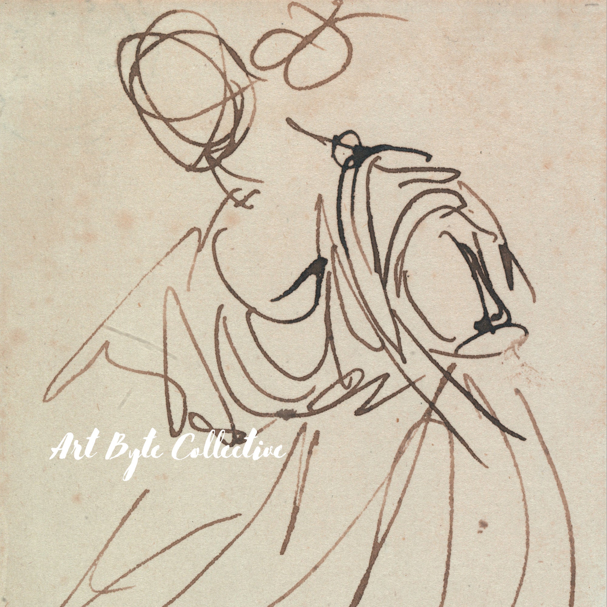 Antique Line Drawing, Vintage Abstract Sketch Woman Art, Digital ...