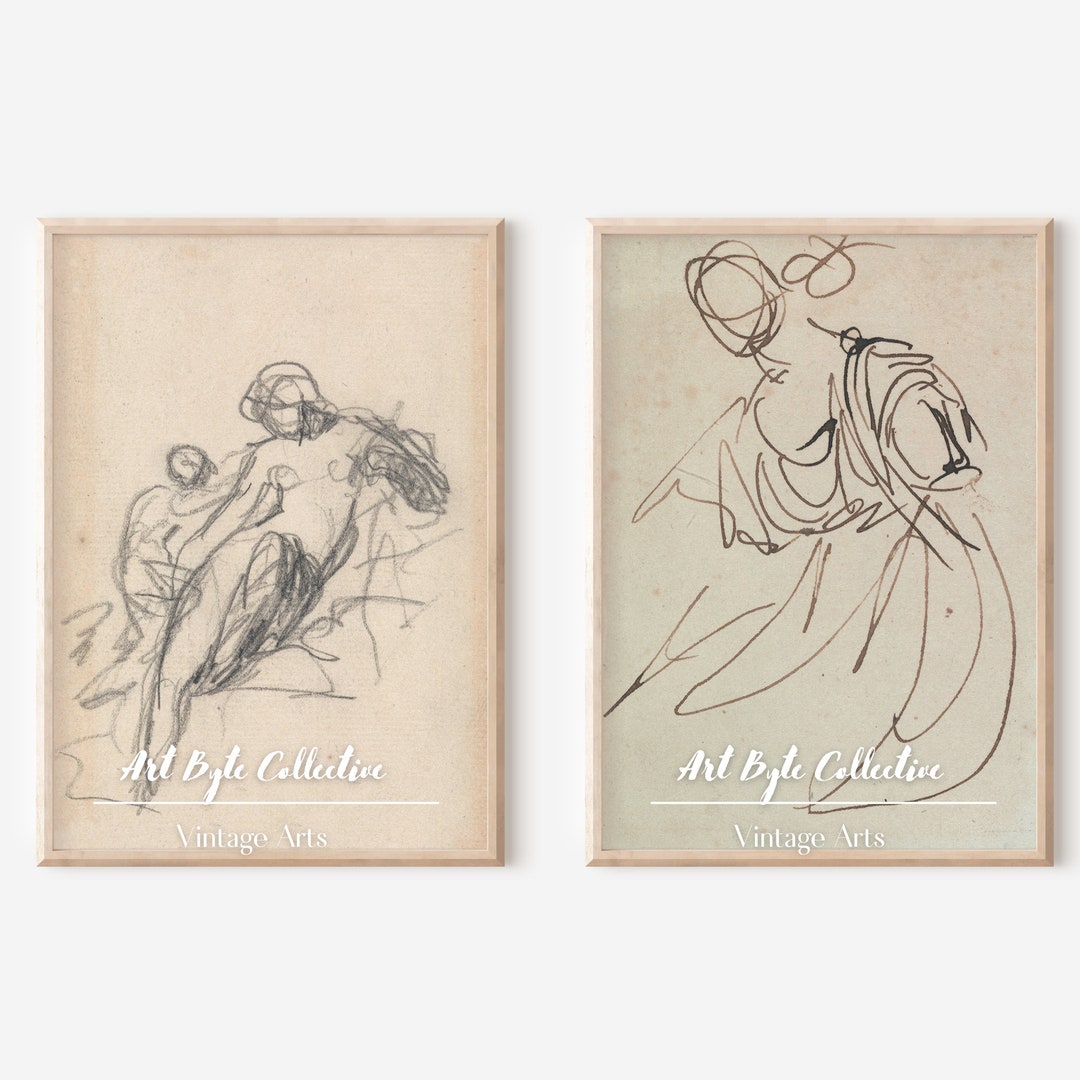 Set of 2 Sketch Art, Antique Line Drawing, Vintage Abstract Sketch ...
