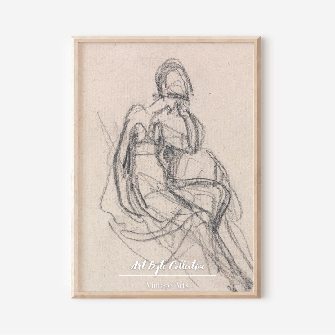 Antique Line Drawing, Vintage Abstract Sketch Woman Art, Digital ...