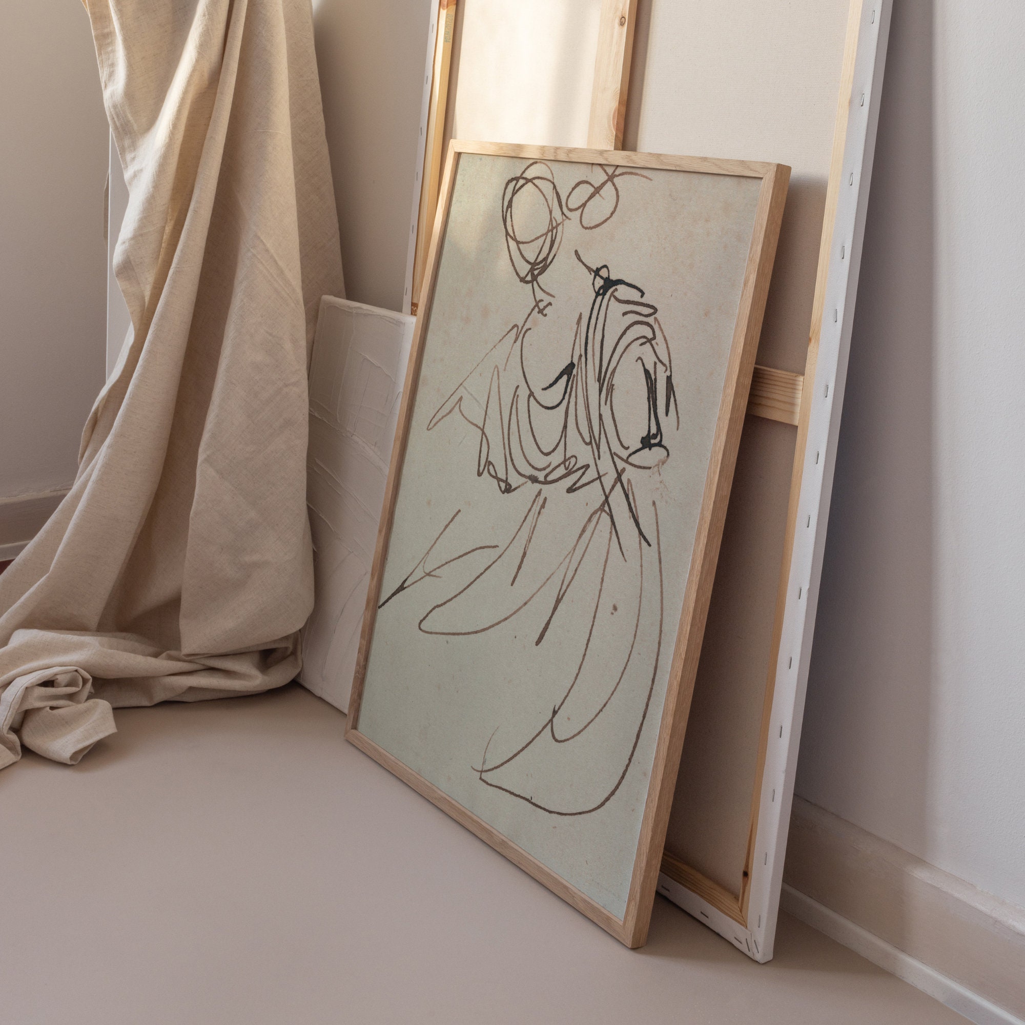 Antique Line Drawing, Vintage Abstract Sketch Woman Art, Digital ...