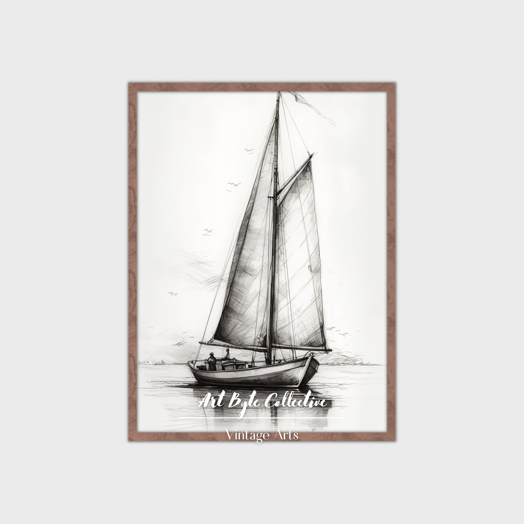 Simple Nautical Sketch Art | Lake House Print Sailboat Nursery Drawing ...