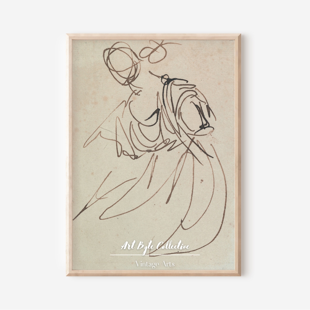 Antique Line Drawing, Vintage Abstract Sketch Woman Art, Digital ...