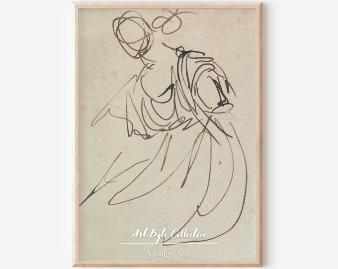 Antique Line Drawing, Vintage Abstract Sketch Woman Art, Digital ...
