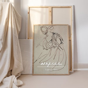 Antique Line Drawing, Vintage Abstract Sketch Woman Art, Digital ...