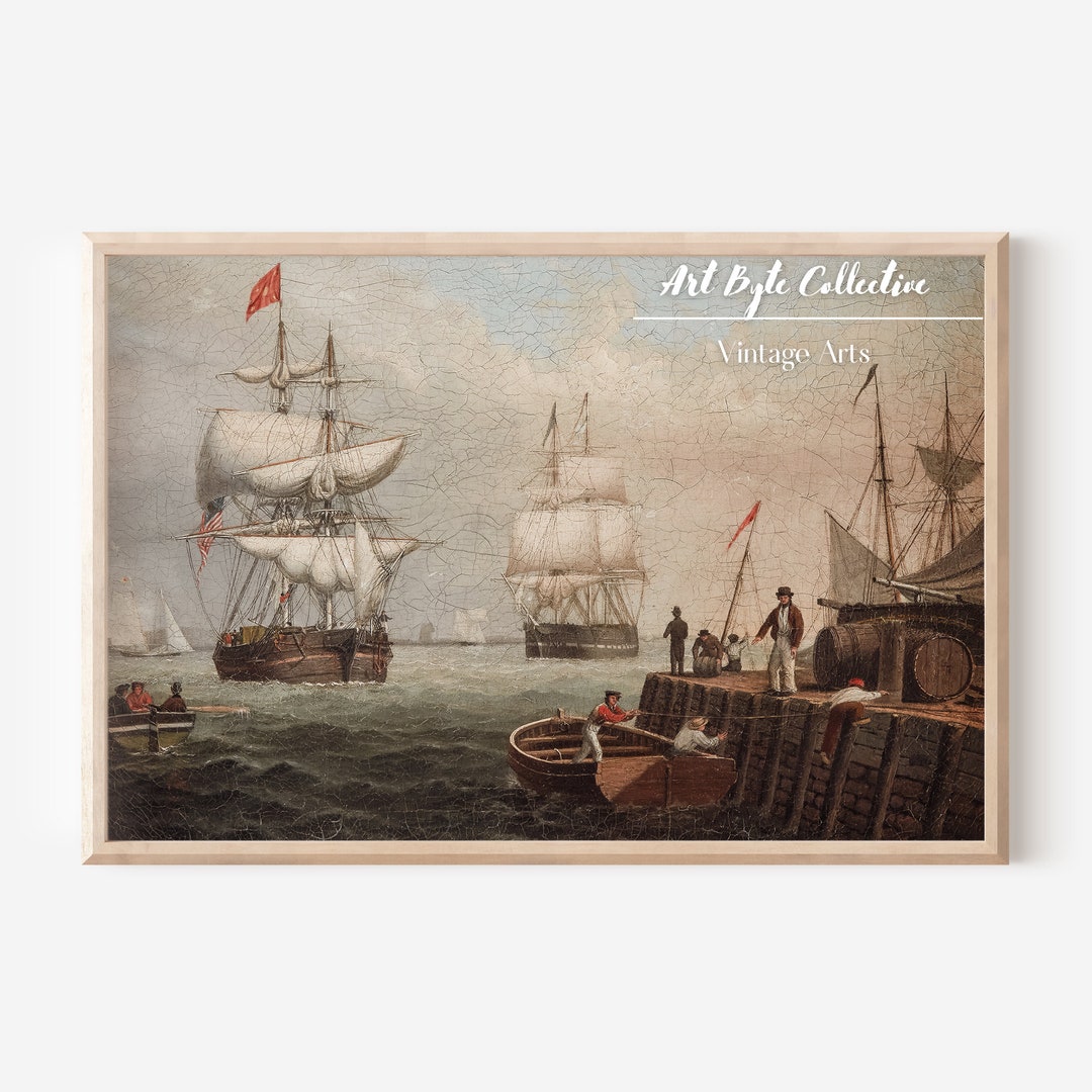 Vintage Boston Harbor Art: Digital Watercolor of Coastal Landscape ...