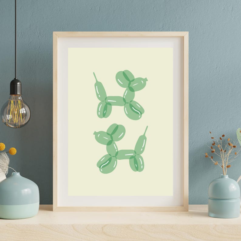 Green Balloon Dog Print Cute Animal Prints Retro Wall Art 3D Style ...
