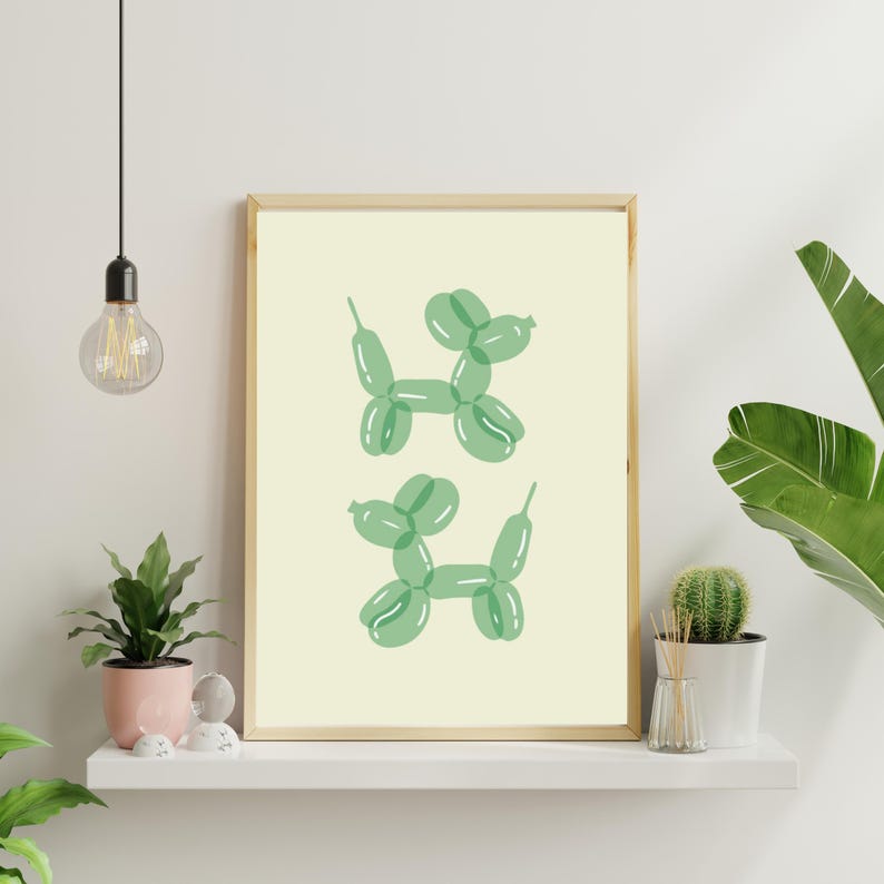 Green Balloon Dog Print Cute Animal Prints Retro Wall Art 3D Style ...