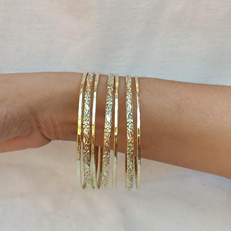 Handmade Brass Stacking Bangles - Set of 7 - Floral Design - Etsy