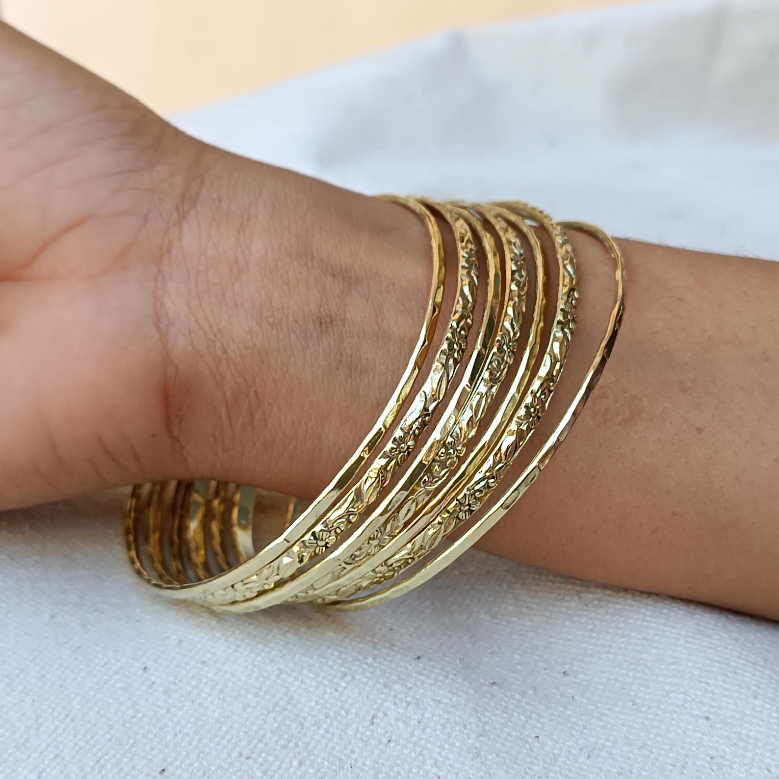 Handmade Brass Stacking Bangles - Set of 7 - Floral Design - Etsy