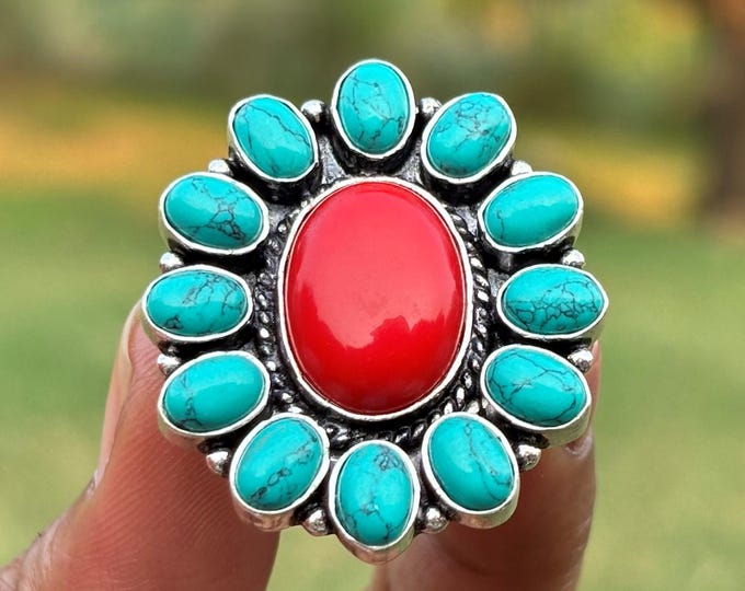 Kingman Turquoise Cluster Ring Sterling Silver Turquoise Big Ring ...