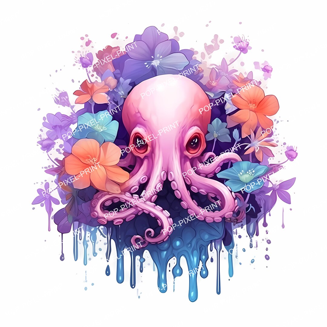 Low-poly Octopus With Flowers Splash Digital Illustration - Etsy