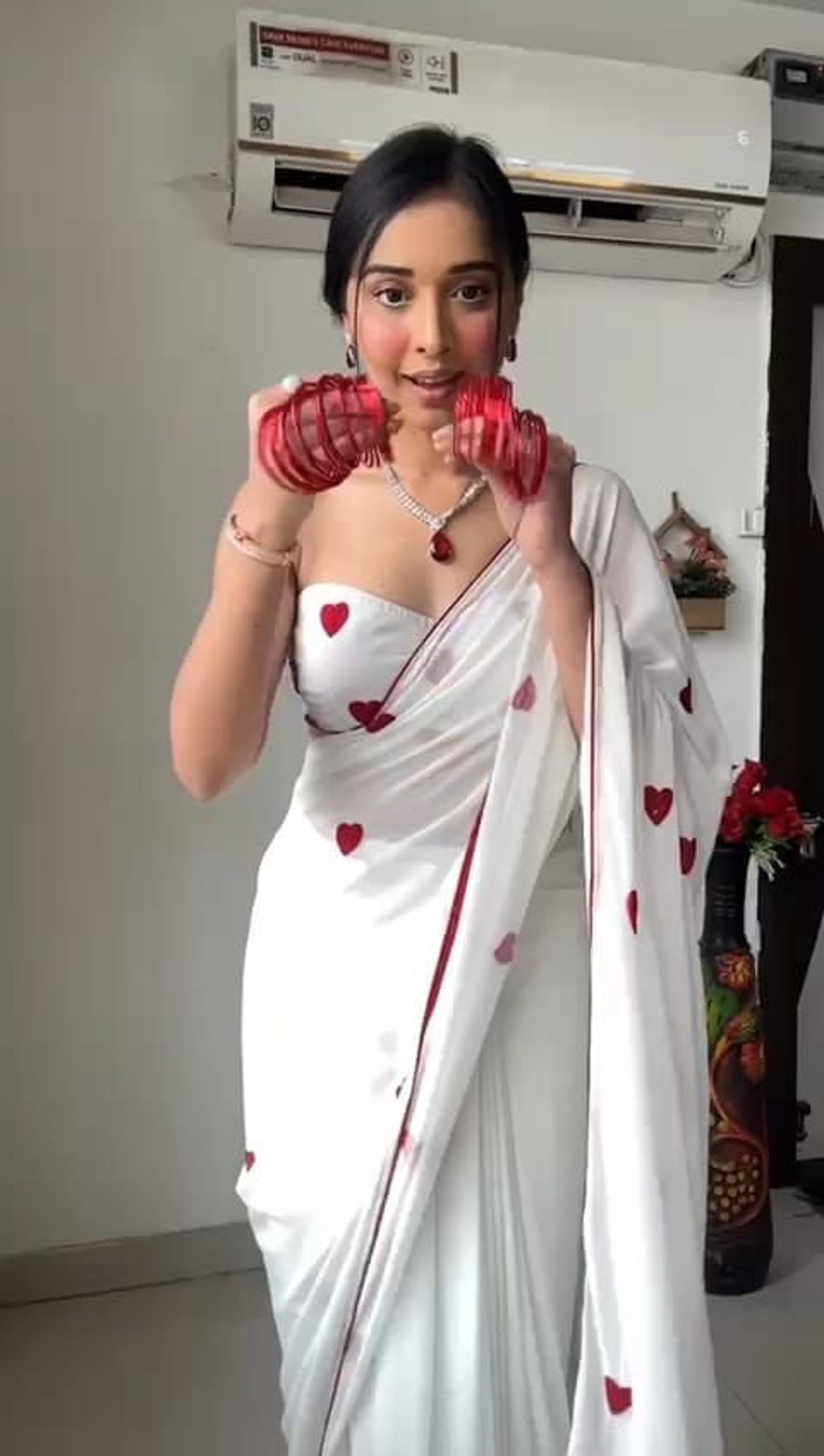 White Ready to Wear Georgette Saree With Red Heart Work Designer ...