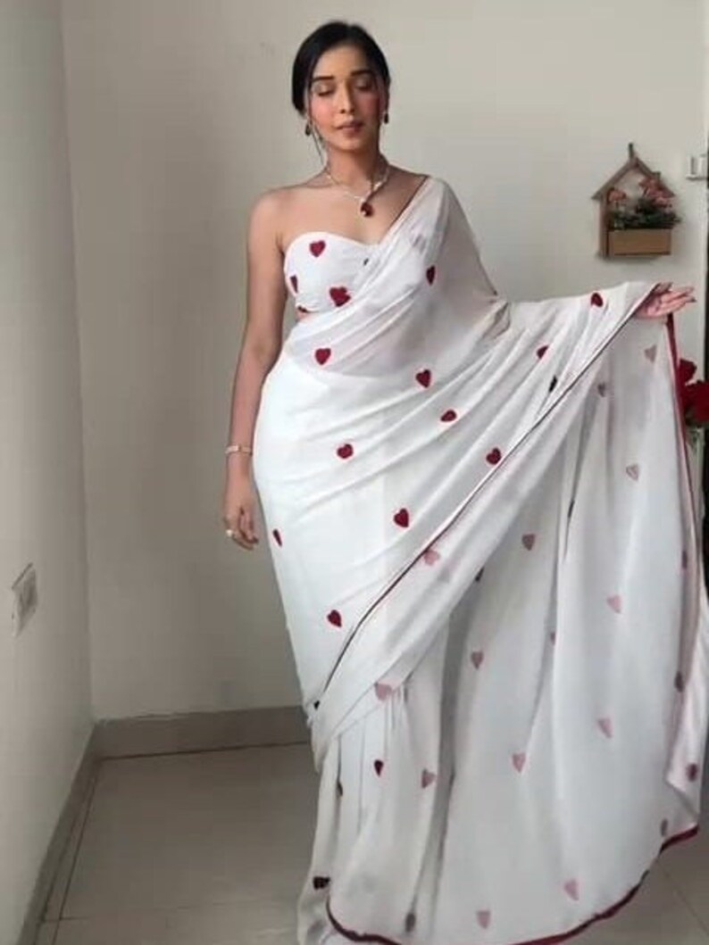 White Ready to Wear Georgette Saree With Red Heart Work Designer ...
