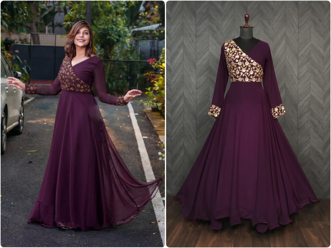 Stylish Western Purple Gown With Half Embroidery Work,gown for USA ...