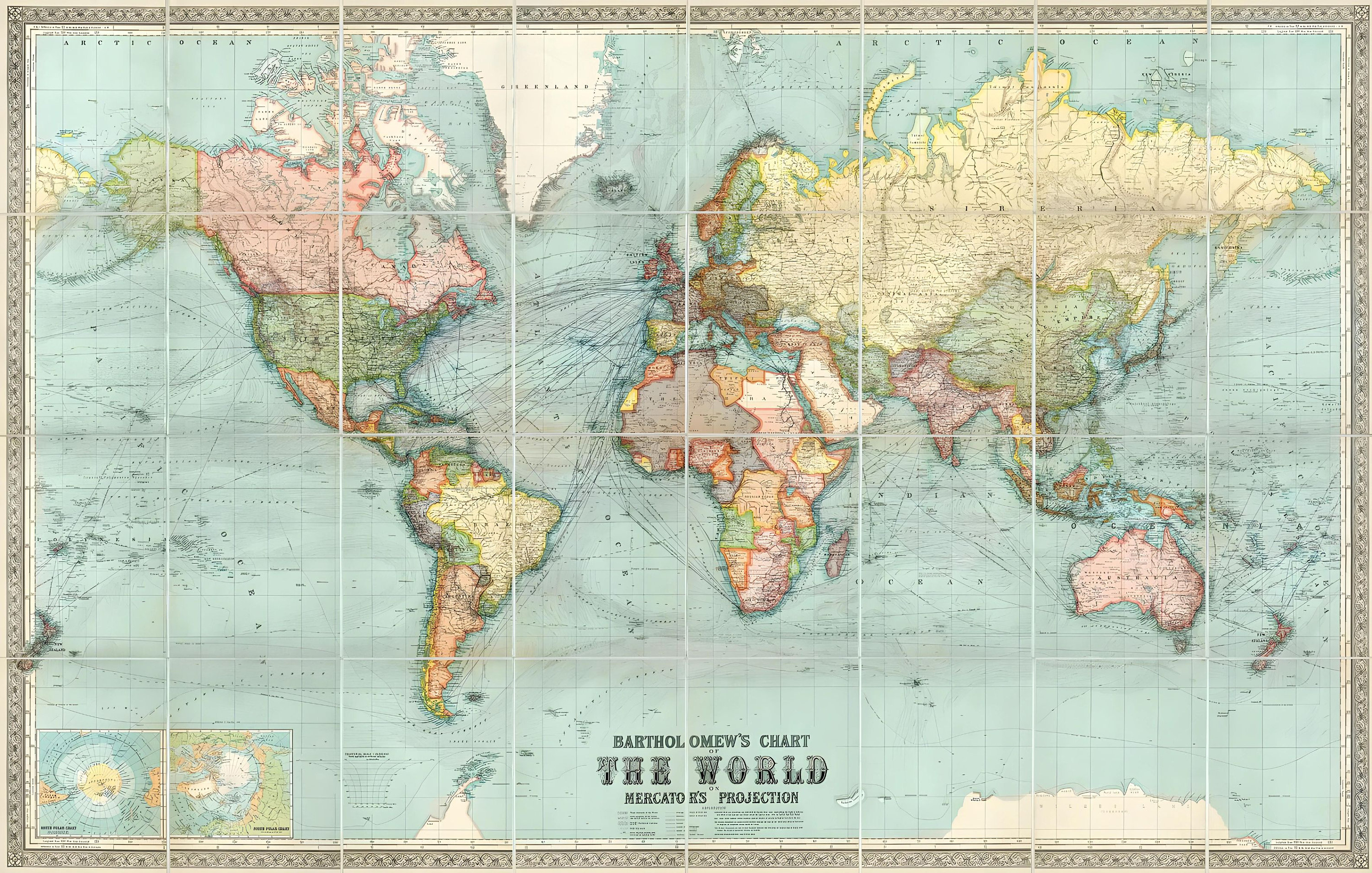 Bartholomew's Chart of the World on Mercator's Projection 1914 Vintage ...