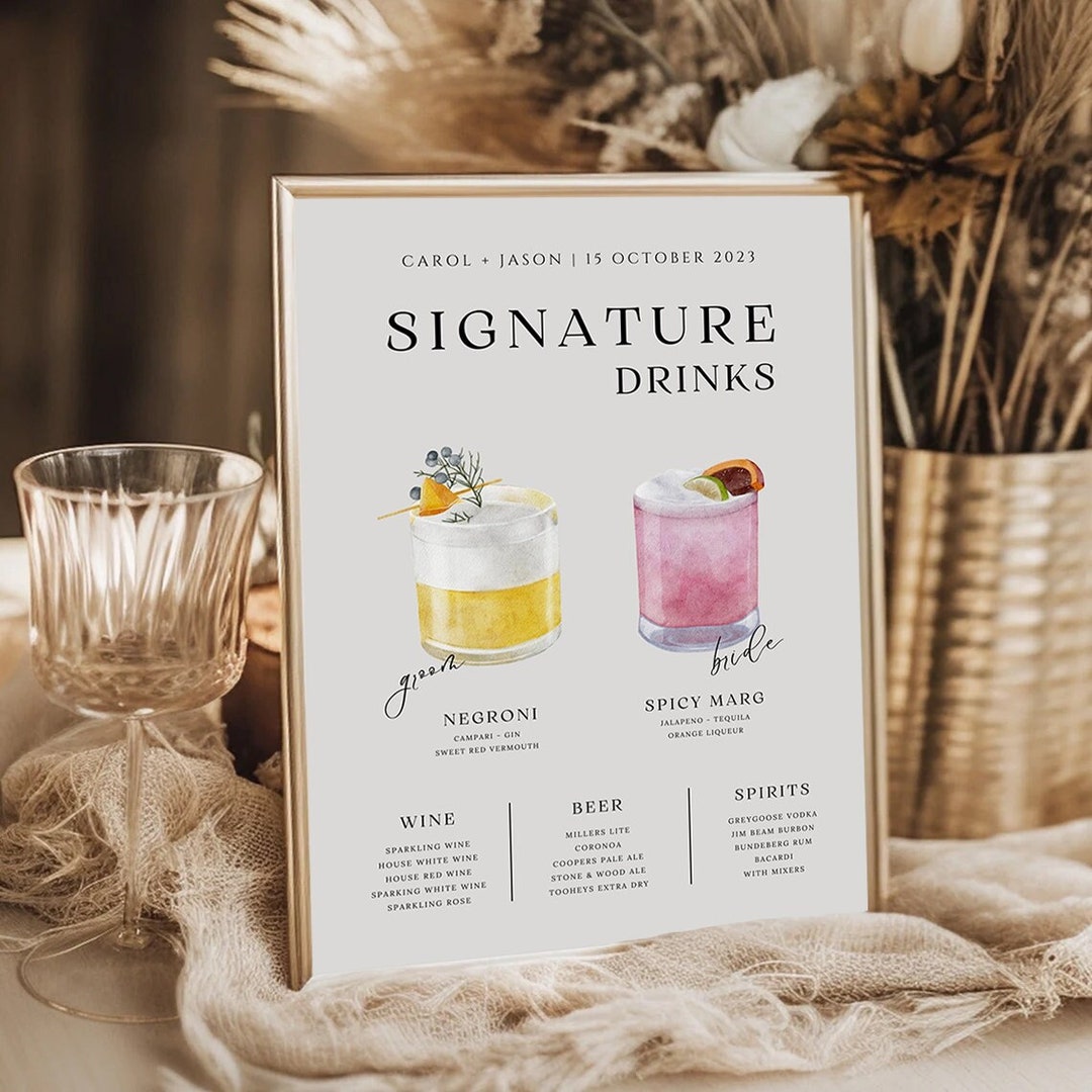 Modern Wedding Signature Drinks Menu, Cocktail Bar Sign Template ...