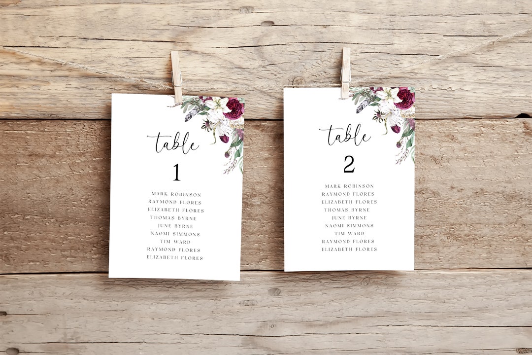 Editable Seating Cards Template, Burgundy Blush Floral Table Numbers ...
