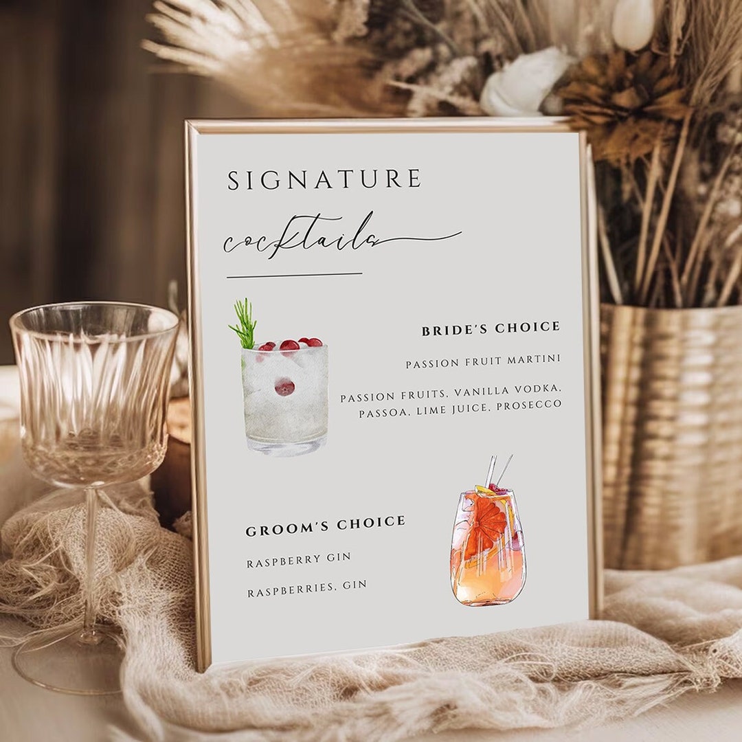 Modern Wedding Signature Drinks Menu, Cocktail Bar Sign Template ...