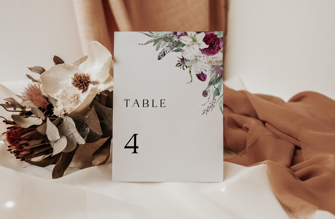 Editable Seating Cards Template, Burgundy Blush Floral Table Numbers ...
