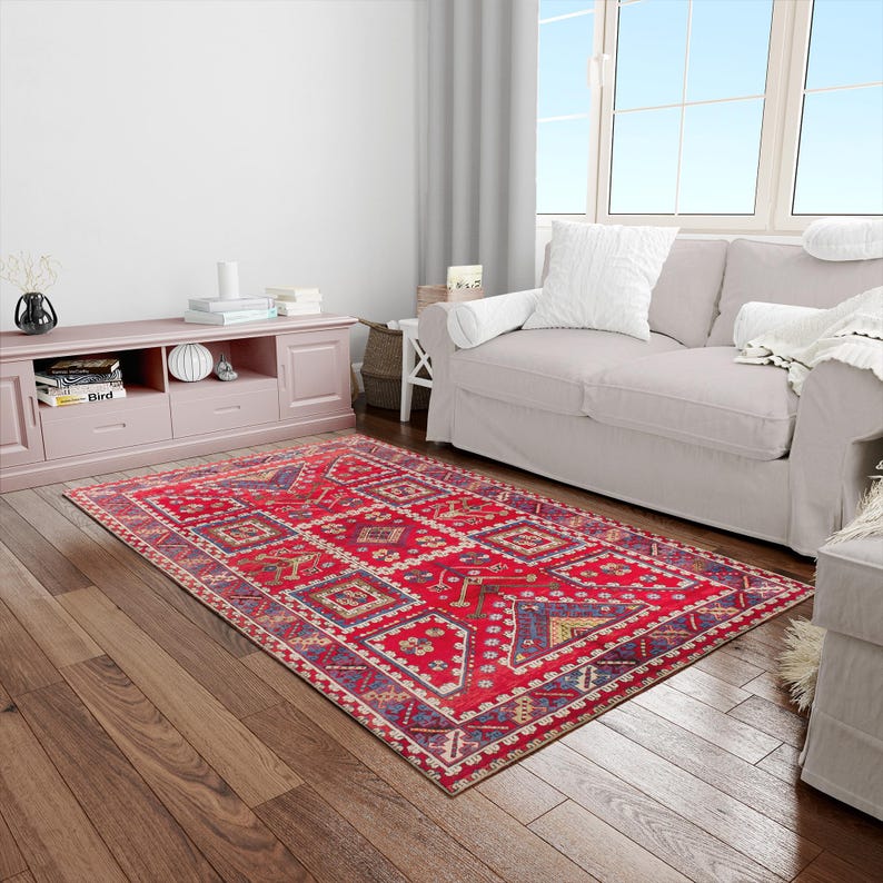 Vintage Turkish Style Area Rug, Washable Printed Carpet, Non Slip Low ...