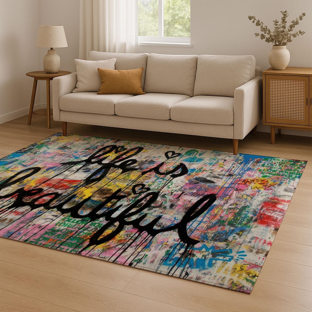 Colorful Graffiti Rug With Love Script, Urban Street Art Digital Print ...