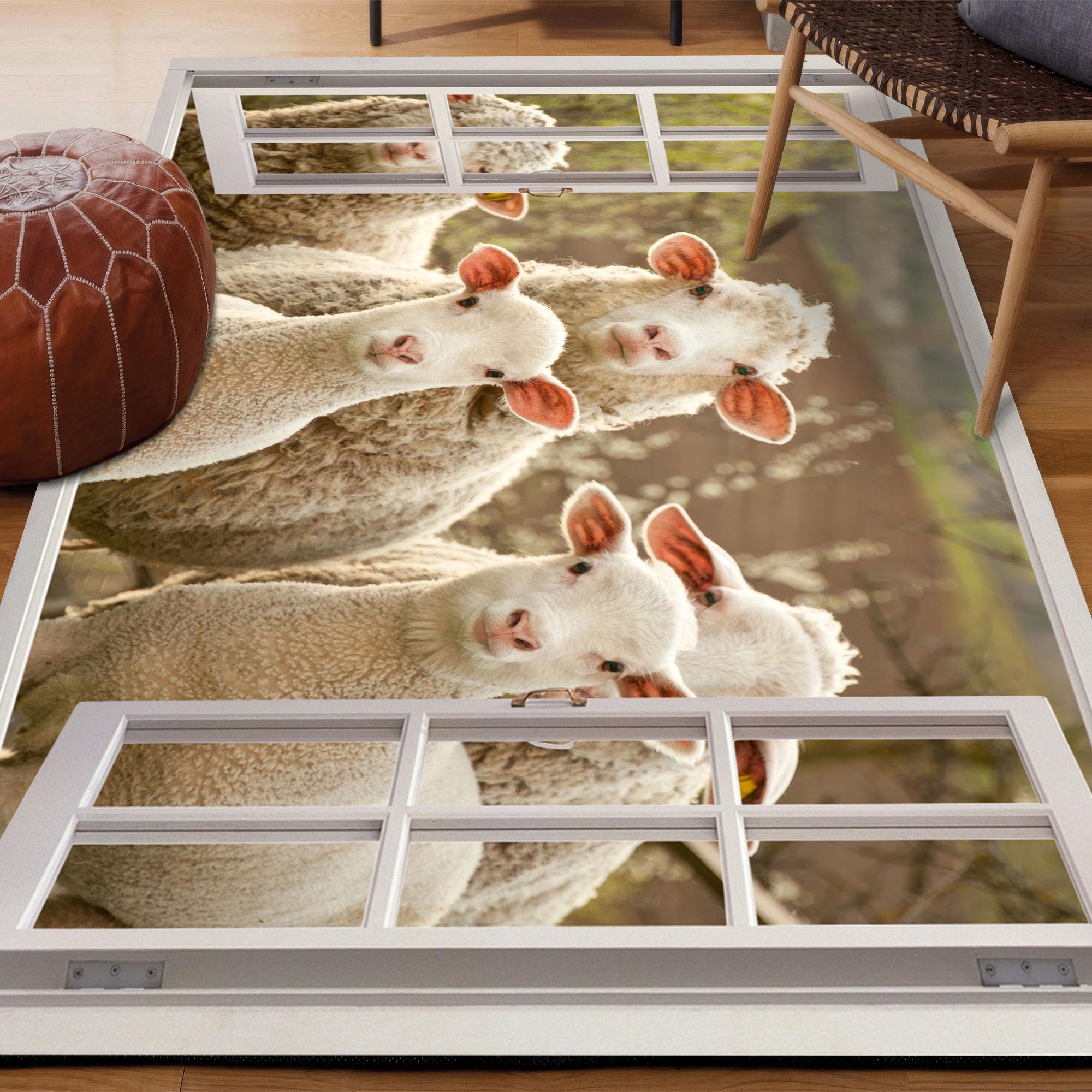 Sheep Through Window Rug, Funny Farm Animal Digital Print Carpet ...