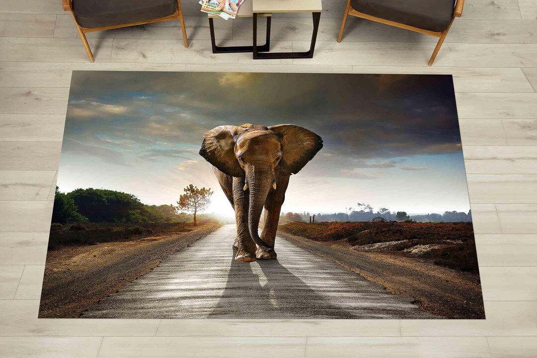 Elephant Walking on the Road Rugs, Wild Rug, Elephant on Way Rug ...