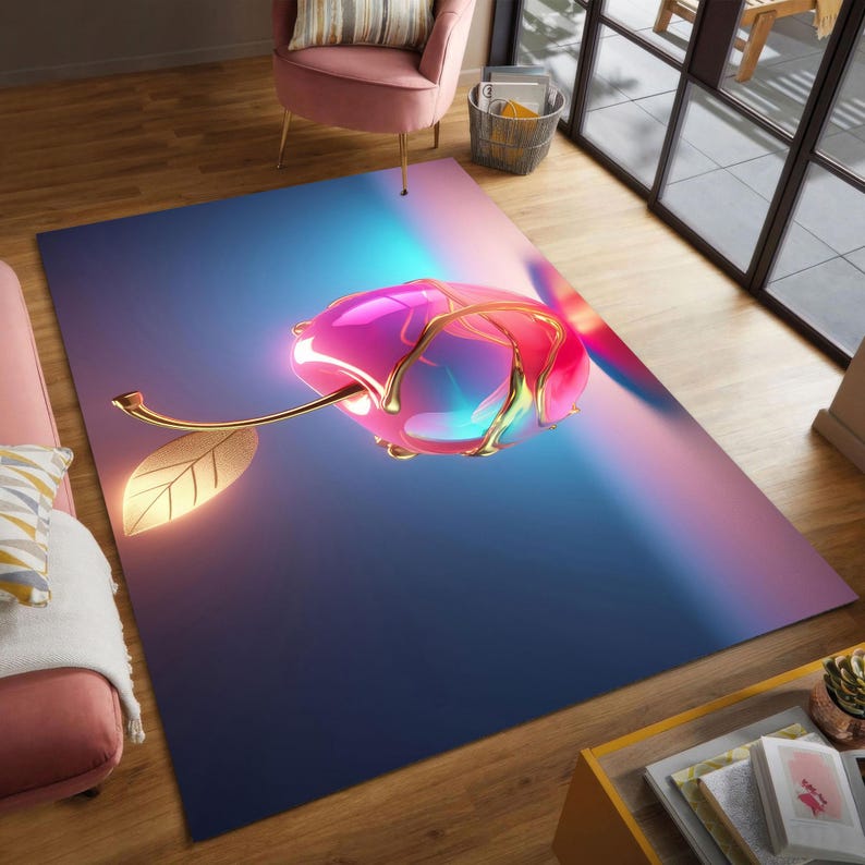 3D Golden Cherry Rug, Futuristic Neon Glow Fruit Art Carpet, Digital ...