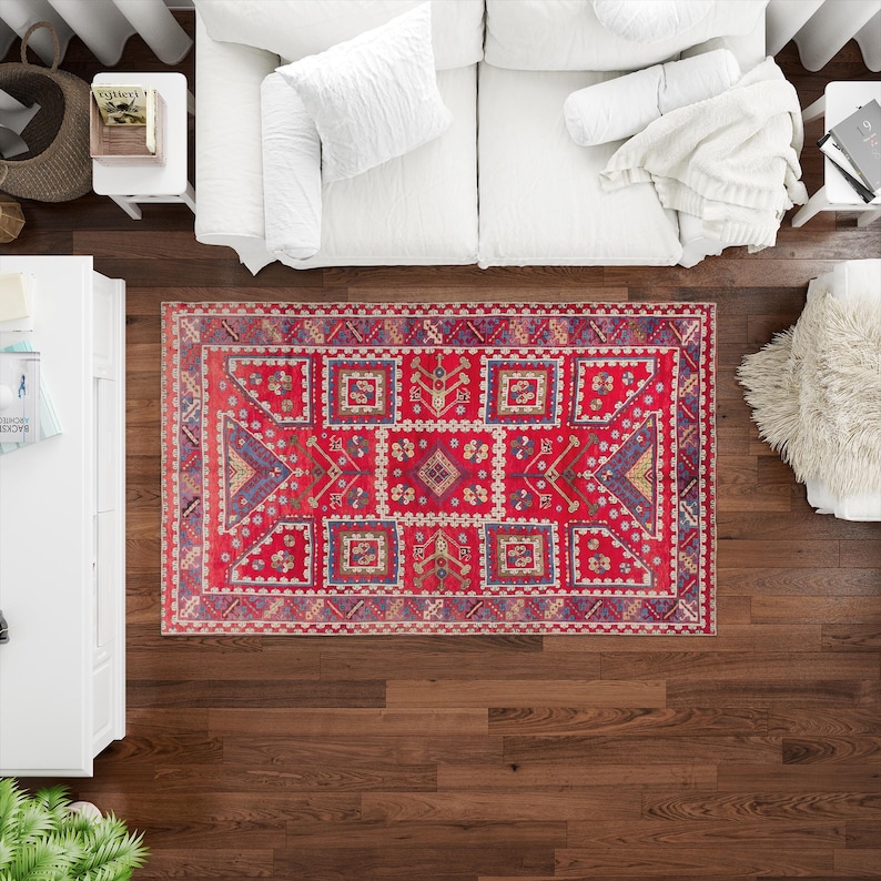 Vintage Turkish Style Area Rug, Washable Printed Carpet, Non Slip Low ...
