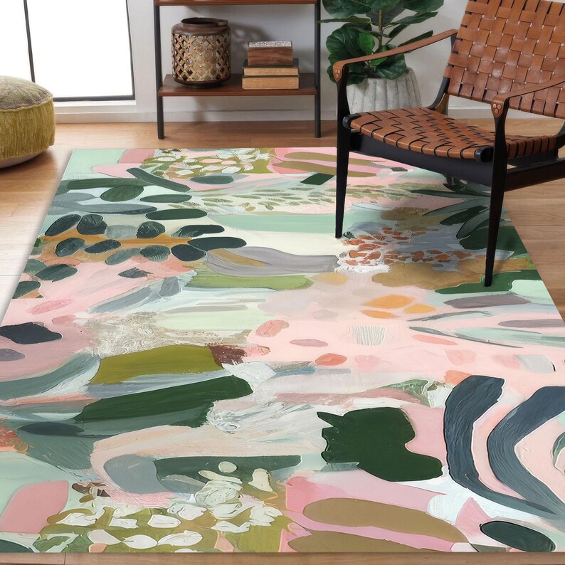 Abstract Botanical Rug, Soft Pastel Leaf Pattern Carpet, Colorful ...