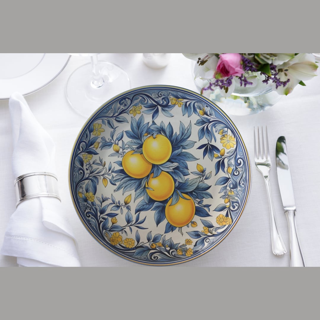 Italian Dinnerware Set of Durable Italian Themed Blue and Lemon ...