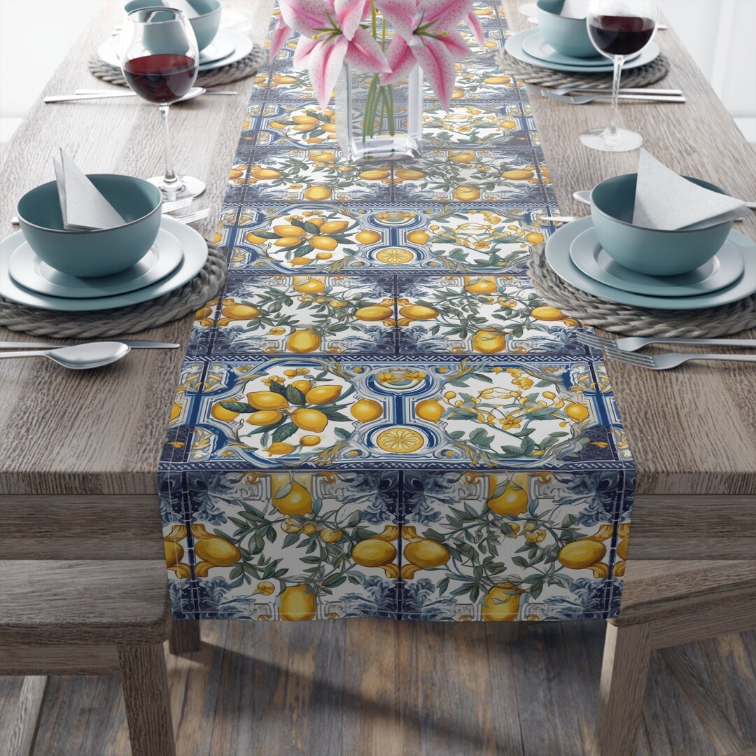 Blue Mosaic Table Runner With Lemon Pattern Dining Table Décor With ...