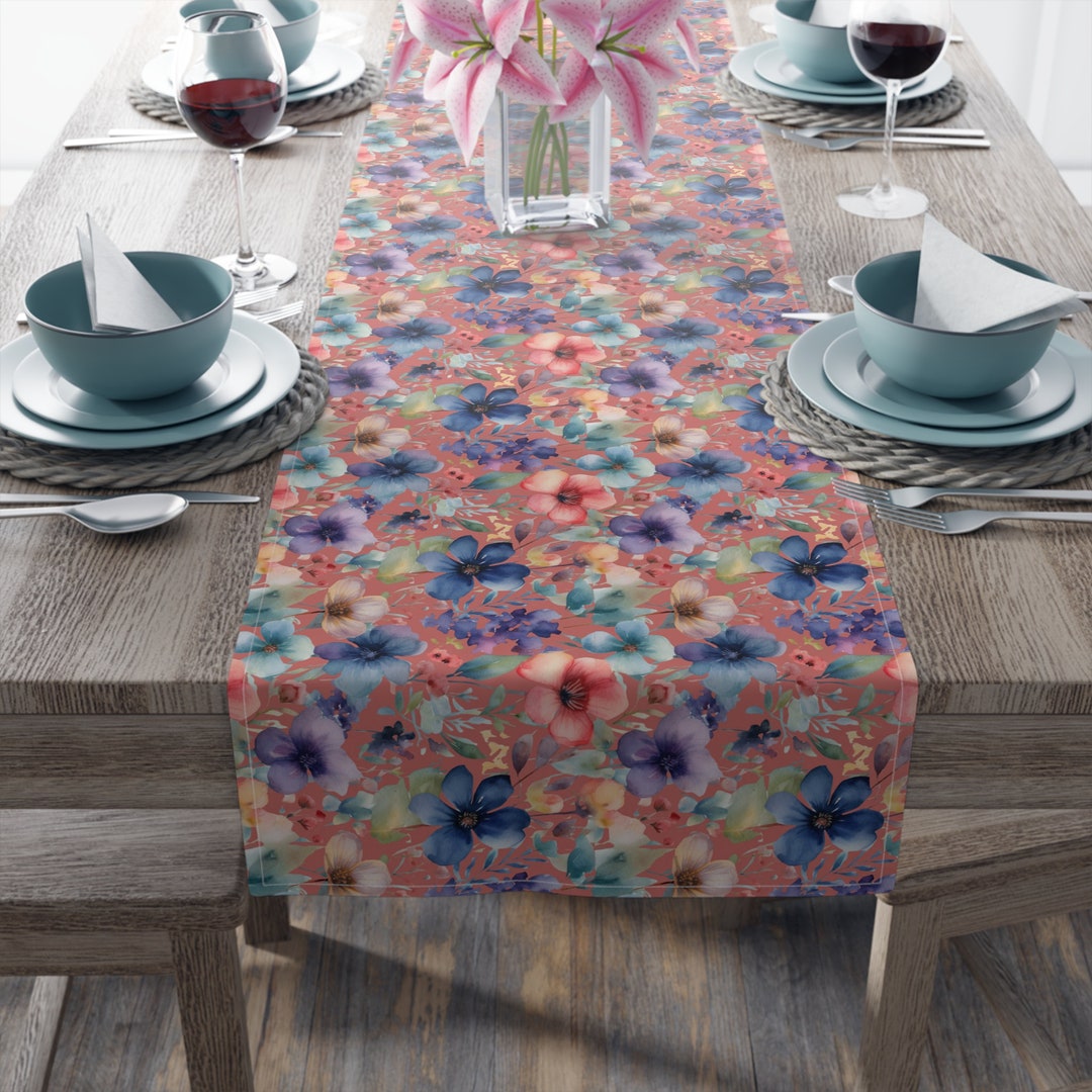Wildflower Table Runner, Floral Table Linens, Watercolor Flowered ...