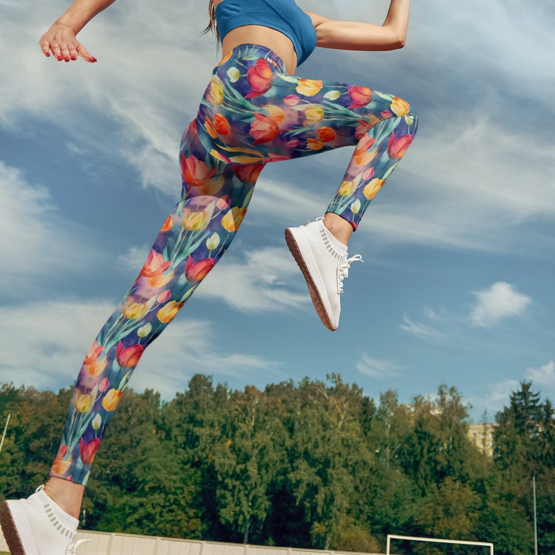 Fun and Flirty Tulip Leggings, Stretchy Floral Leggings, Bright ...