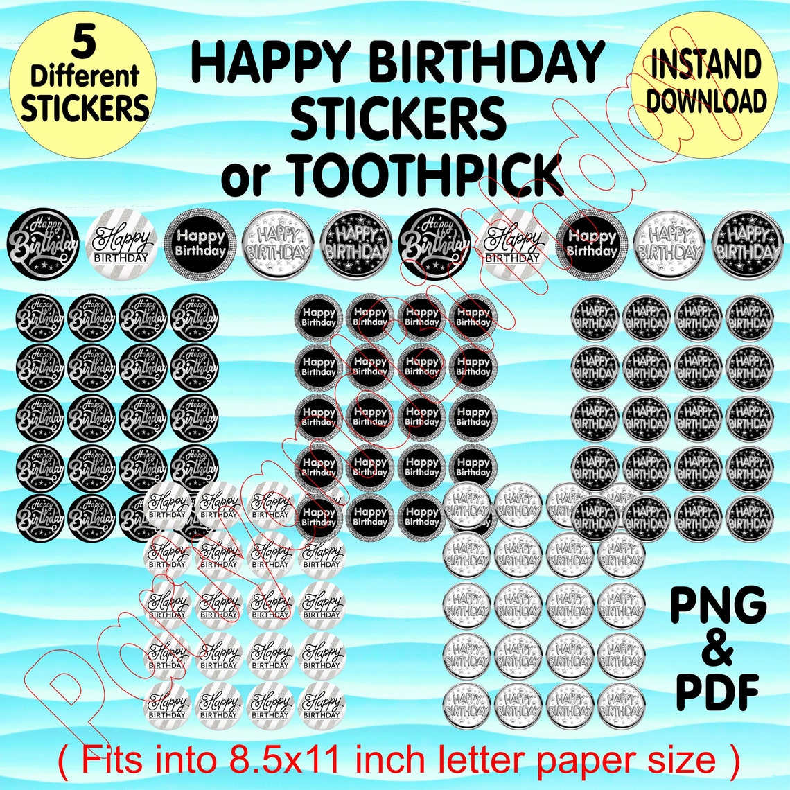 Happy Birthday Themed Stickers in 5 Different Models. Sticker in Silver ...