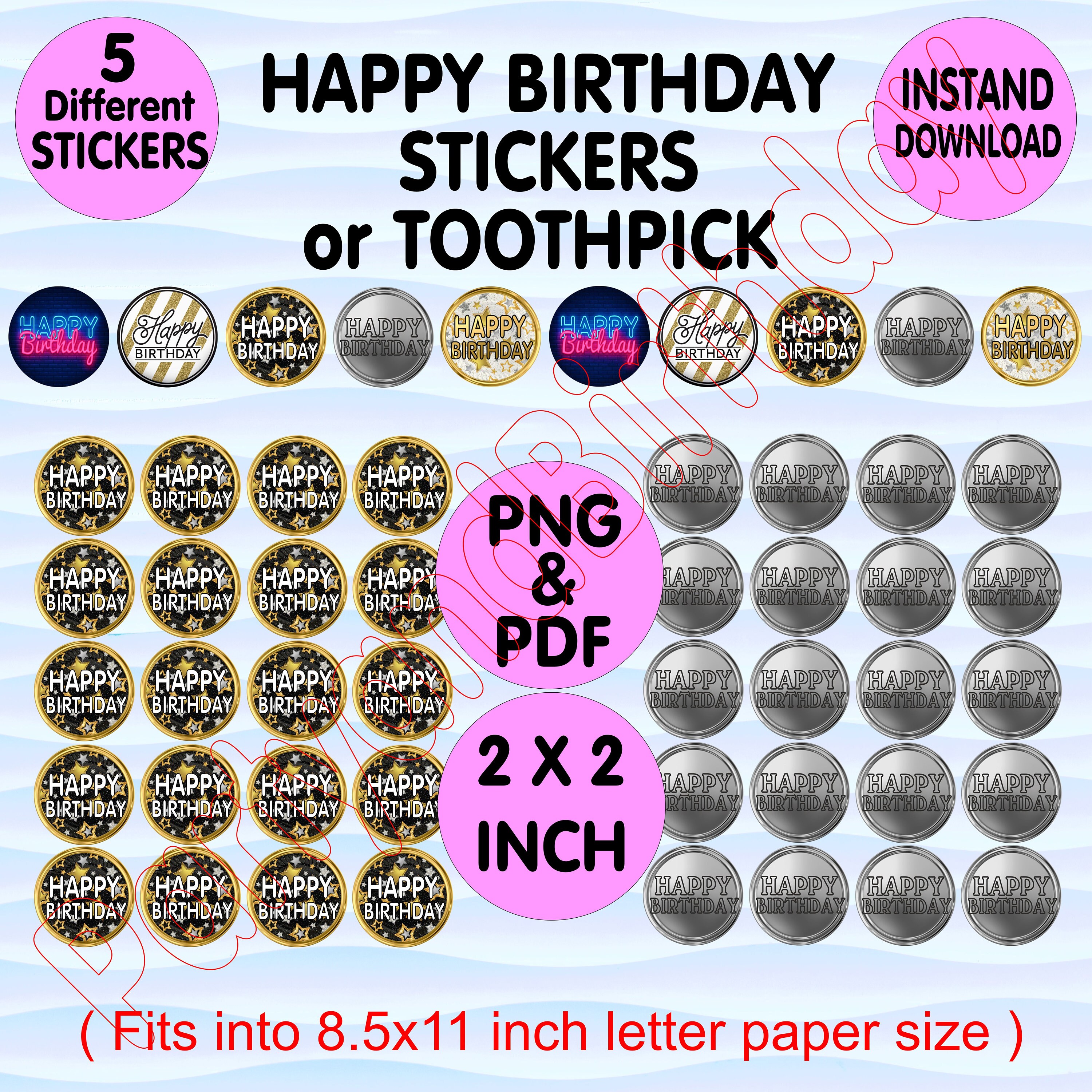 Happy Birthday Themed Stickers in 5 Different Models. Sticker in Gold ...