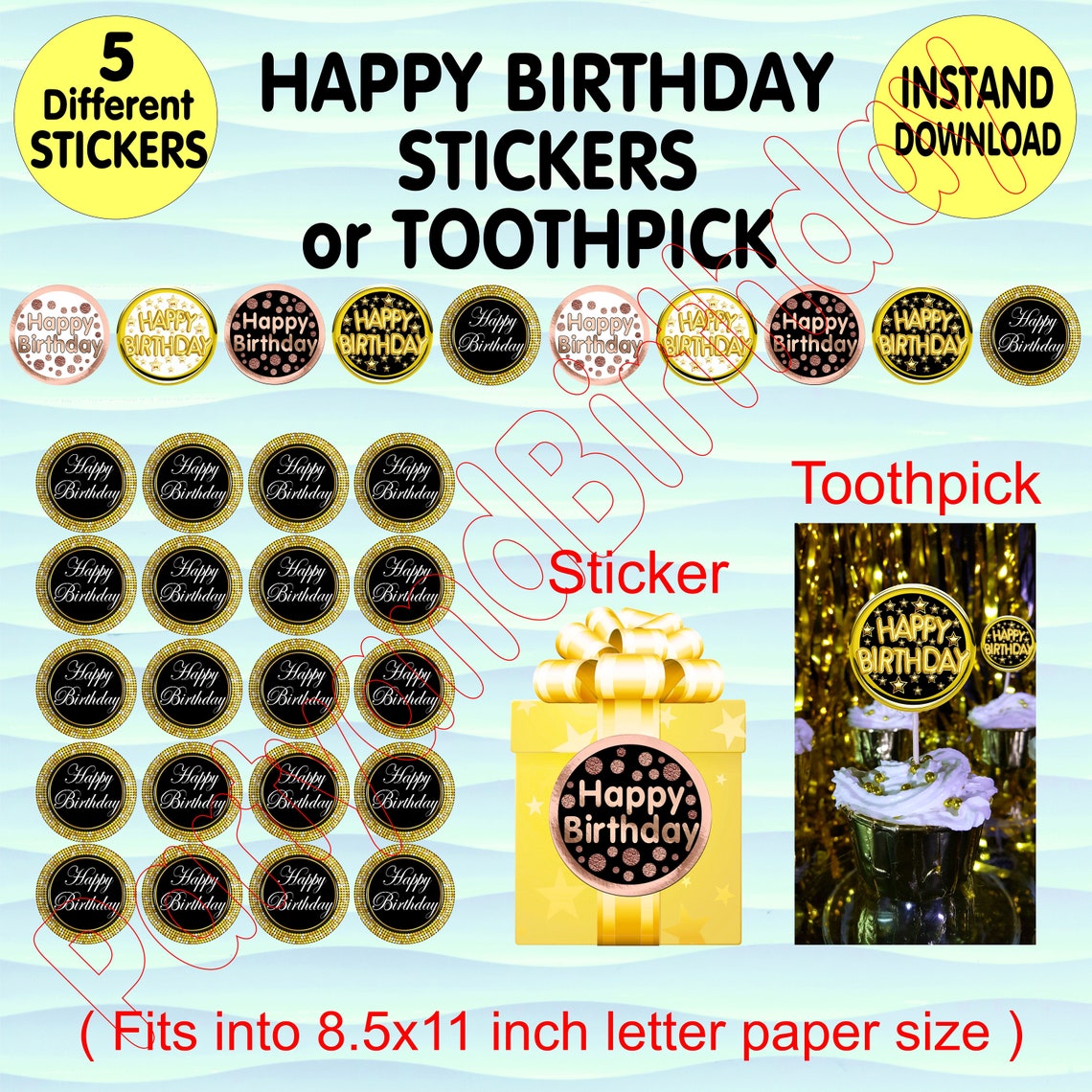 Happy Birthday Themed Stickers in 5 Different Models. Sticker in Gold ...