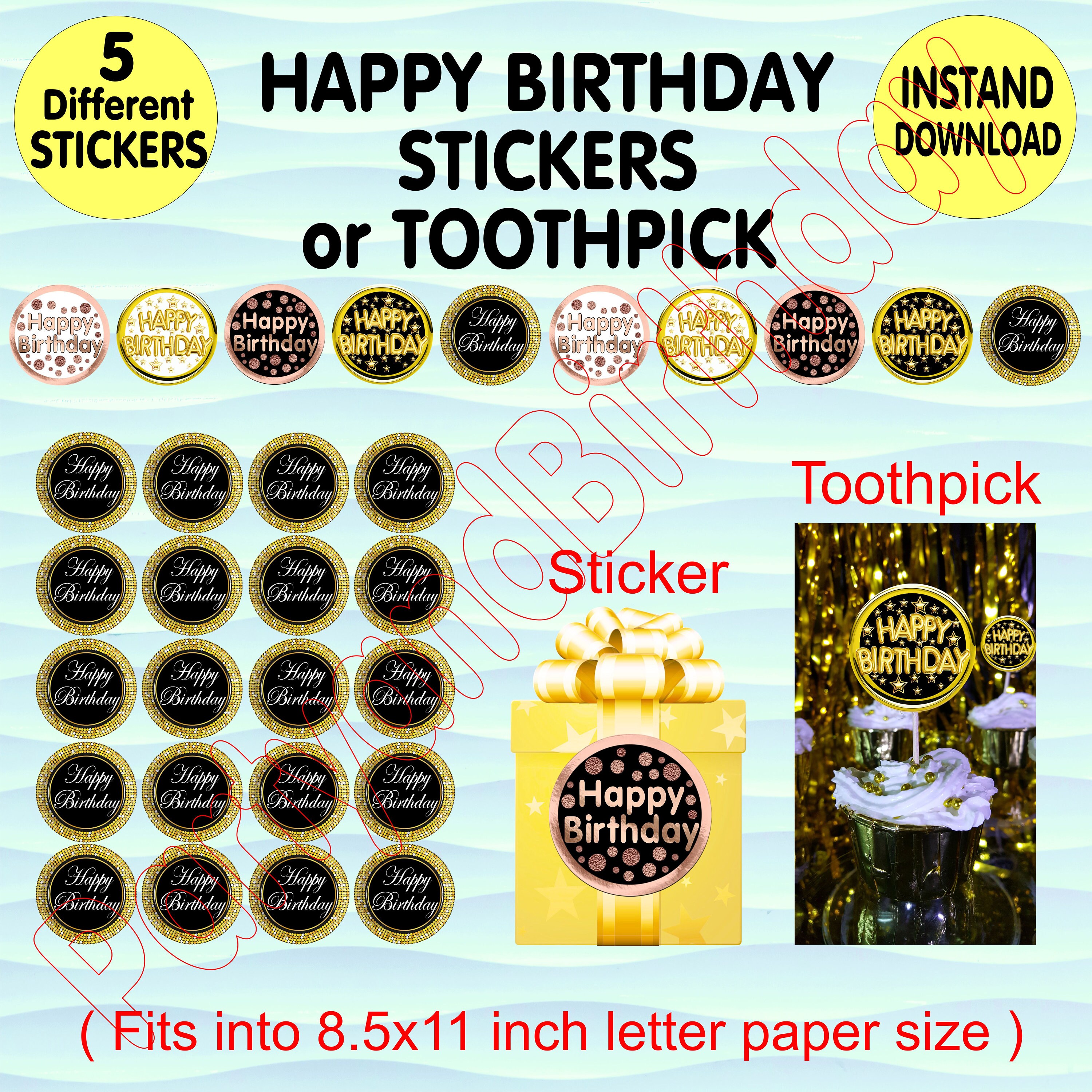 Happy Birthday Themed Stickers in 5 Different Models. Sticker in Gold ...