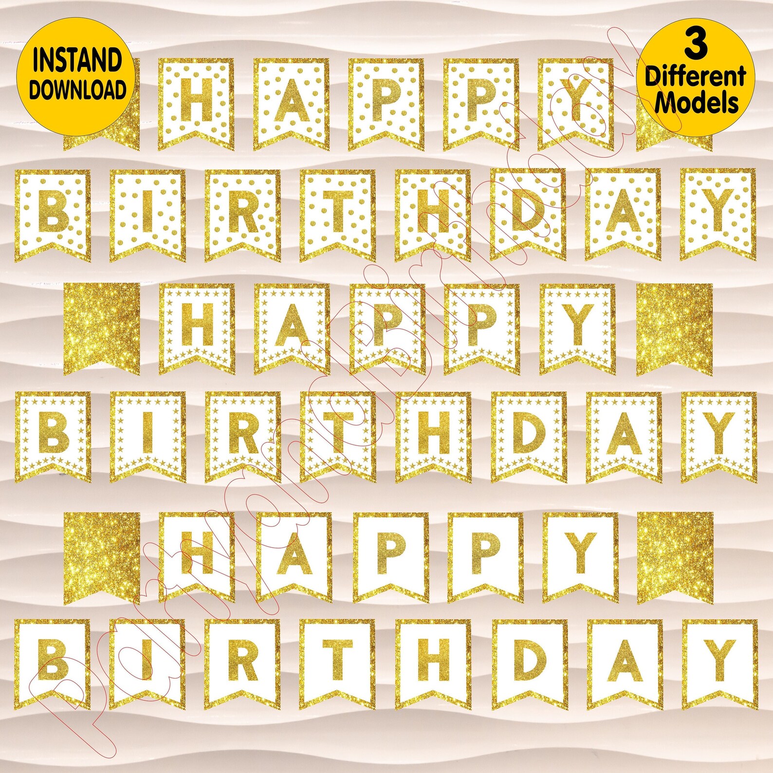 Happy Birthday Gold Banner, 3 Different Model, Star, Circle and Gold ...