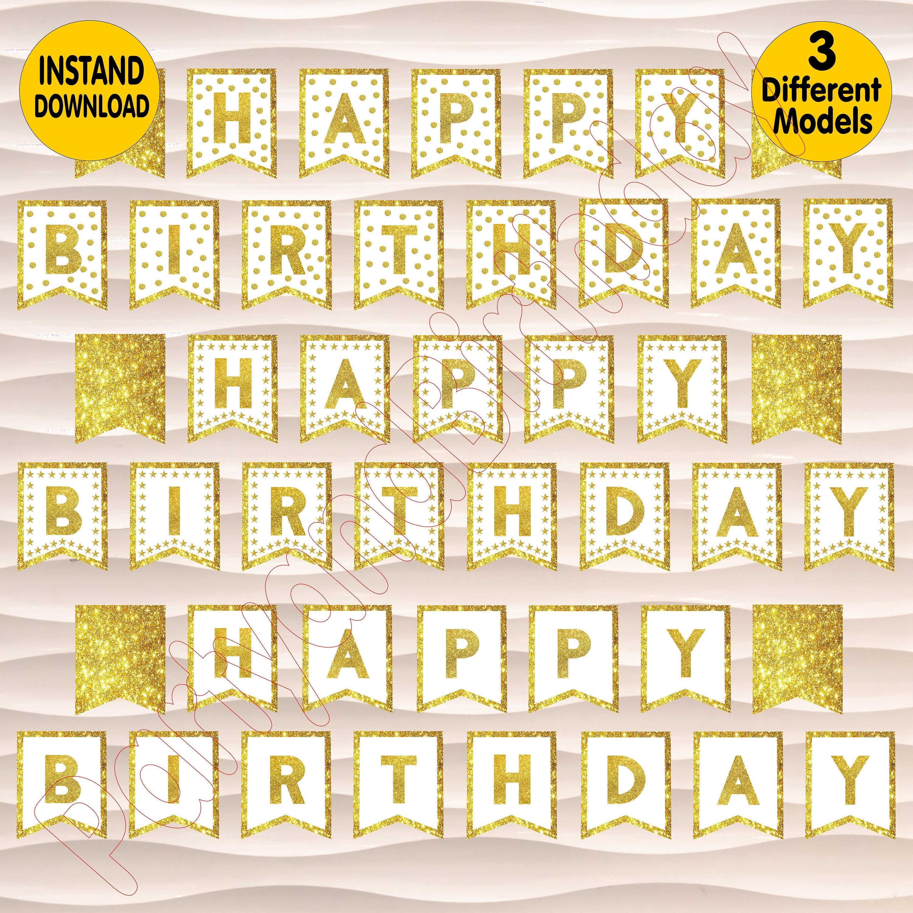 Happy Birthday Gold Banner, 3 Different Model, Star, Circle and Gold ...