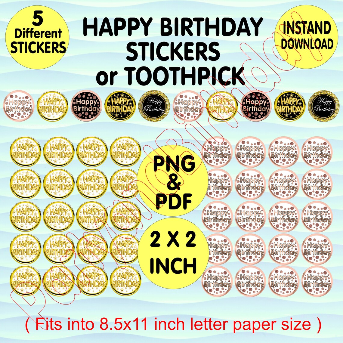 Happy Birthday Themed Stickers in 5 Different Models. Sticker in Gold ...