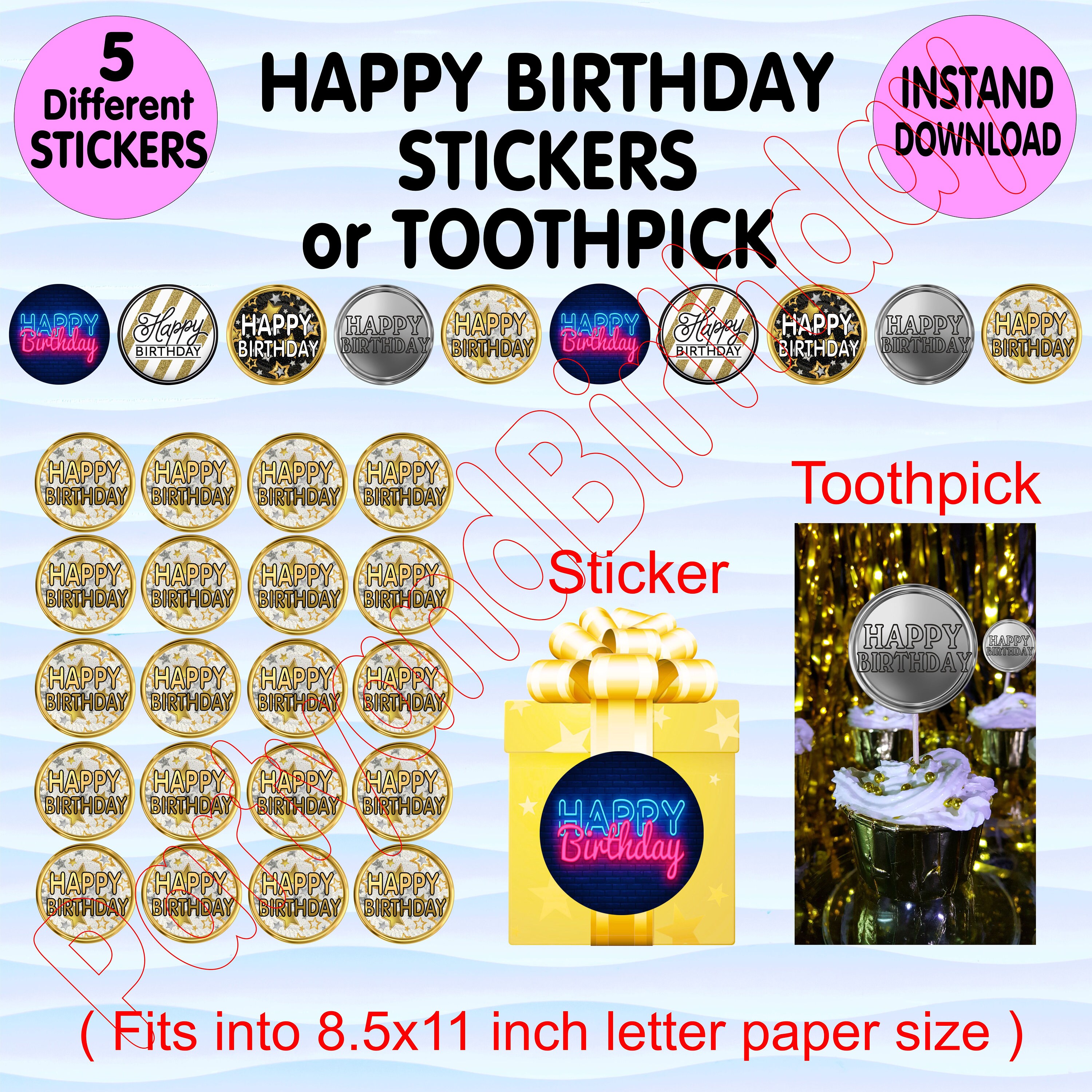 Happy Birthday Themed Stickers in 5 Different Models. Sticker in Gold ...