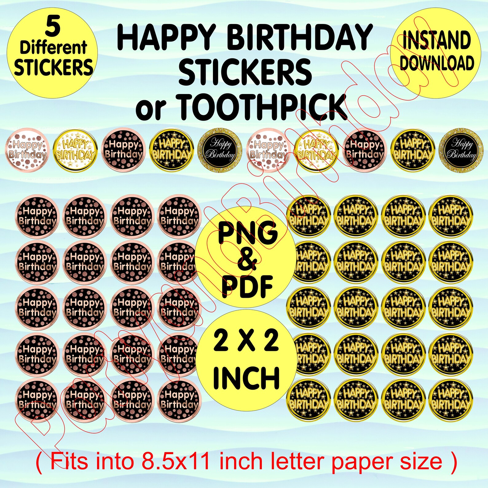 Happy Birthday Themed Stickers in 5 Different Models. Sticker in Gold ...