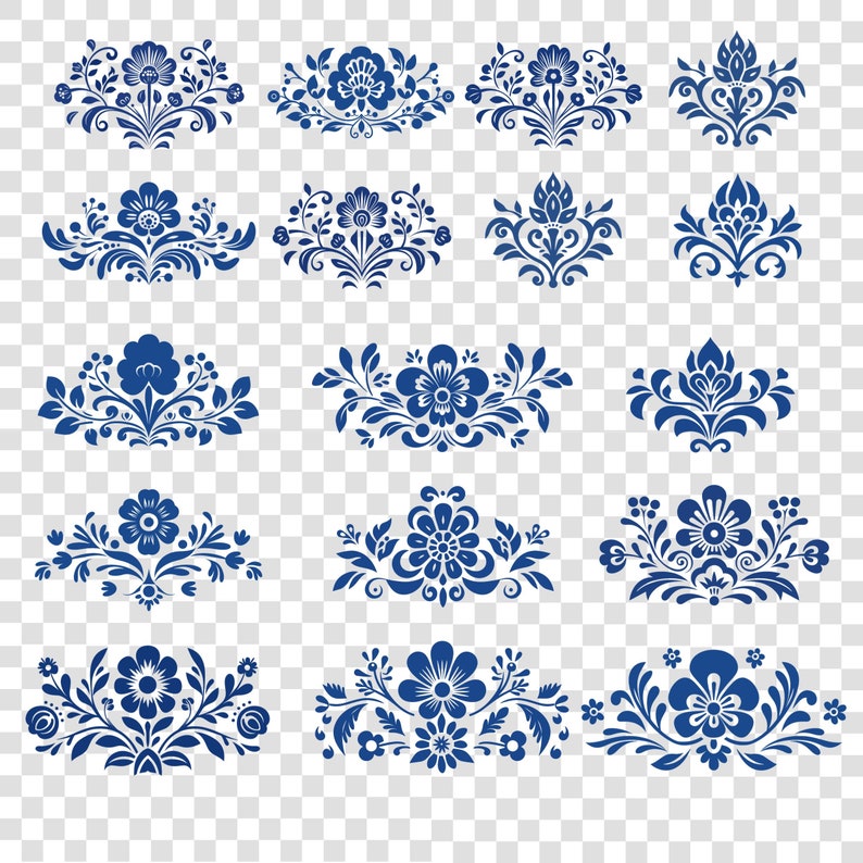 Scandi SVG Stencils, 28 Delft Blue Folk Art Floral Bouquets and Footer ...