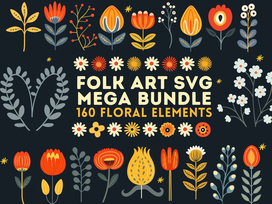 Scandinavian Folk Art Floral Clipart, 160 SVG PNG Bundle for Commercial ...